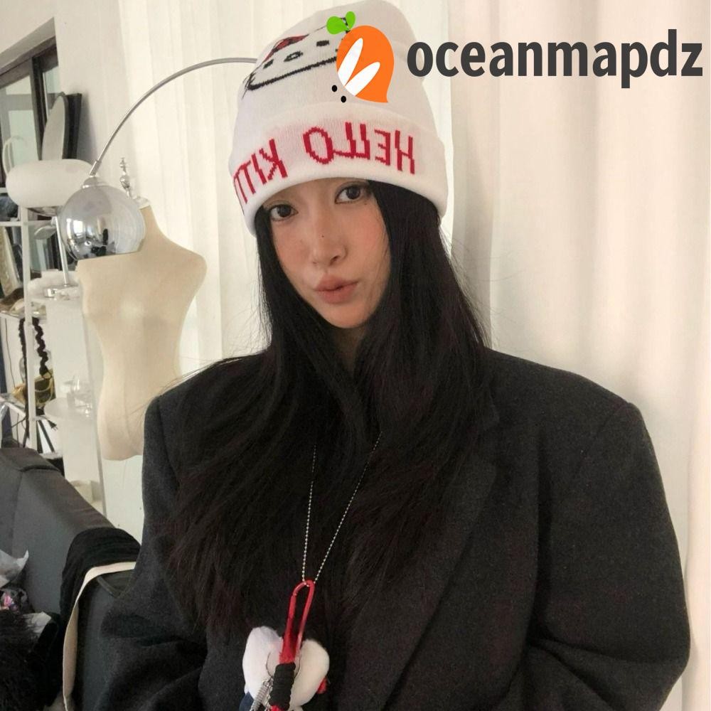 OCEANMAPDZ หมวกสวมหัวคิตตี้, กันลมน่ารัก KT Cat Cap, การ์ตูนสานอบอุ่น Ins หมวกถักฤดูหนาวสกี ...