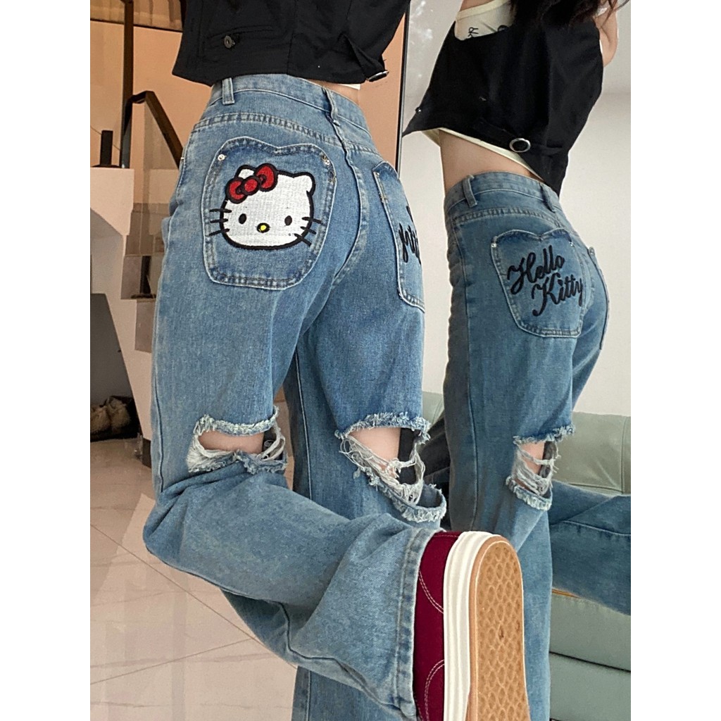 Hello Kitty Cat Sweet Spice ปัก Ripped สไตล์อเมริกันสไตล์ญี่ปุ่น Street ...