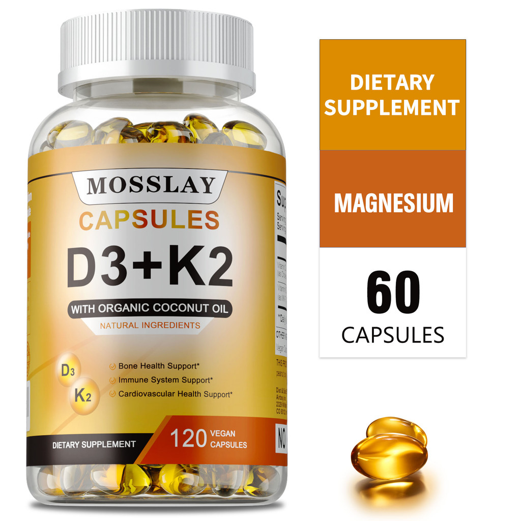 แคปซูลวิตามิน D3 & K2 Complex พร้อมน้ํามันมะพร้าวออร์แกนิก D3 + K2 MK-7, การสนับสนุนกระดูกและ ...