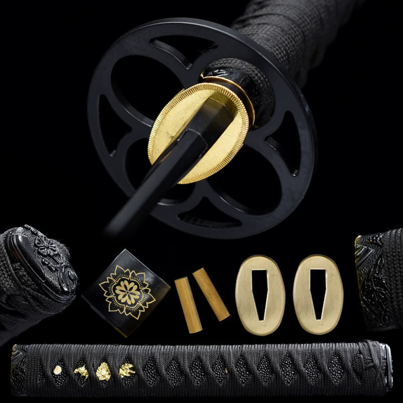 A Set 26CM Tsuka Handle Steel Tsuba Guard Alloy Kashira Menuki Fuchi ...