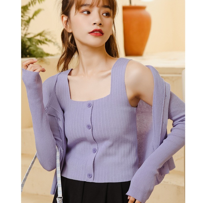 ชุดชั้นในคอเหลี่ยมถักสีม่วงสำหรับผู้หญิง ฤดูร้อน 2025 เสื้อสั้นสีดำใหม่ ...