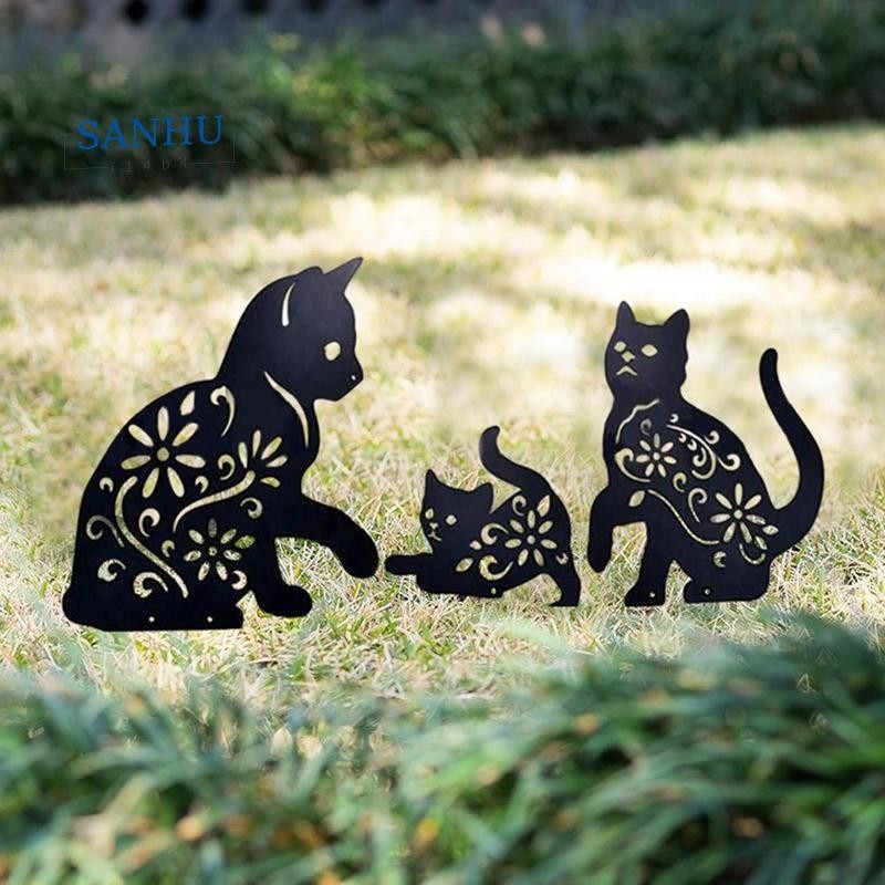 3 ชิ้นตกแต่งสวนกลางแจ้งสนามหญ้ารูปปั้นอะคริลิคสีดํา Cat Yard Art ...