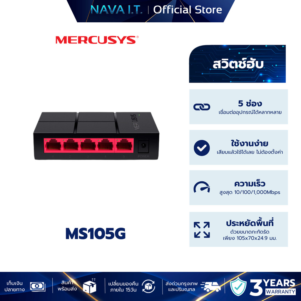MERCUSYS MS105G SWITCH สวิตช์ฮับ 5 PORTS 10/100/1000MBPS DESKTOP SWITCH ...