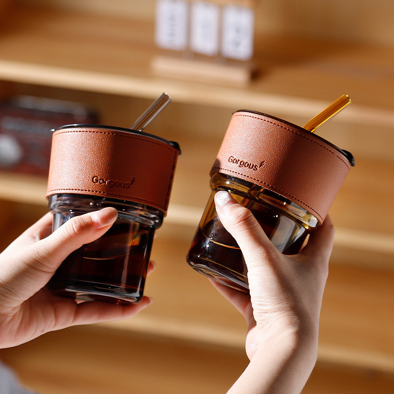 ถ้วยกาแฟ ins 450ml สีเหลืองอำพันแก้วสีน้ำตาลกับหลอด, ฝาและซิลิโคนฝา แก้วน้ำ | Shopee Thailand