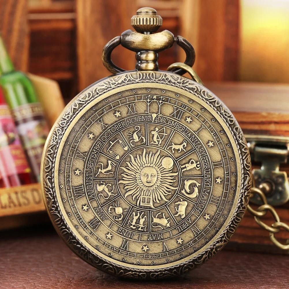 Vintage Pocket Watch Bronze Quartz Zodiac Signs นาฬิกาพร้อมโซ่ SUN ชาย ...