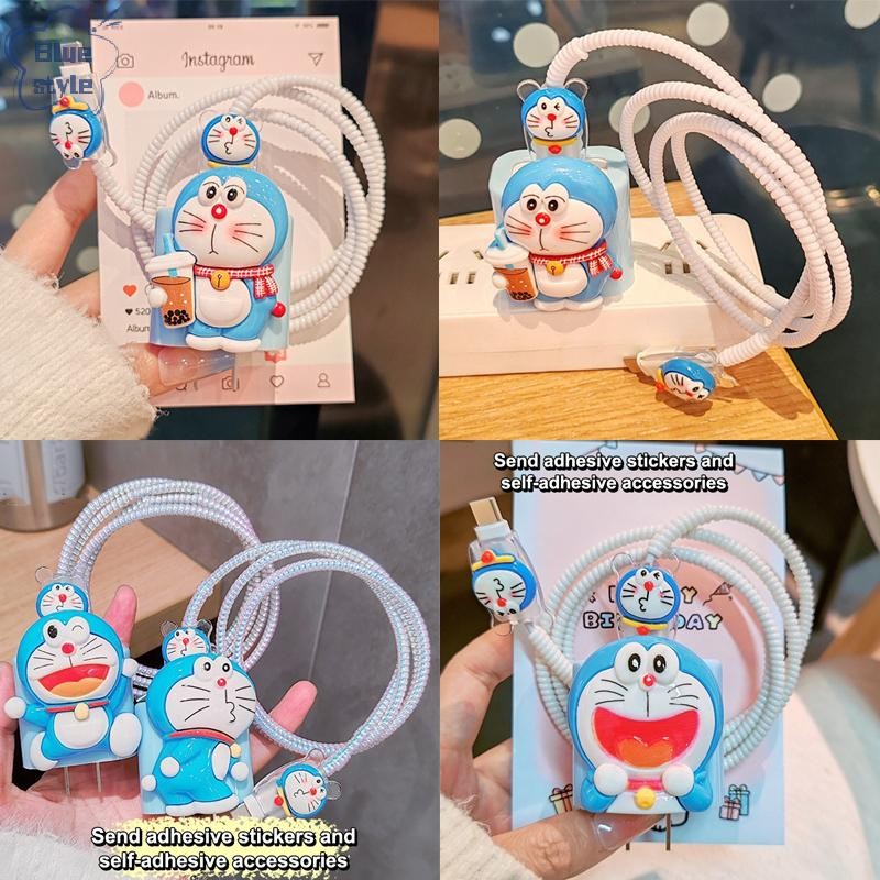 Bluestyle 3D การ์ตูน Doraemon Charger Protector ฝาครอบสาย Anti-break ชุดข้อมูลสาย Winder Charger ...