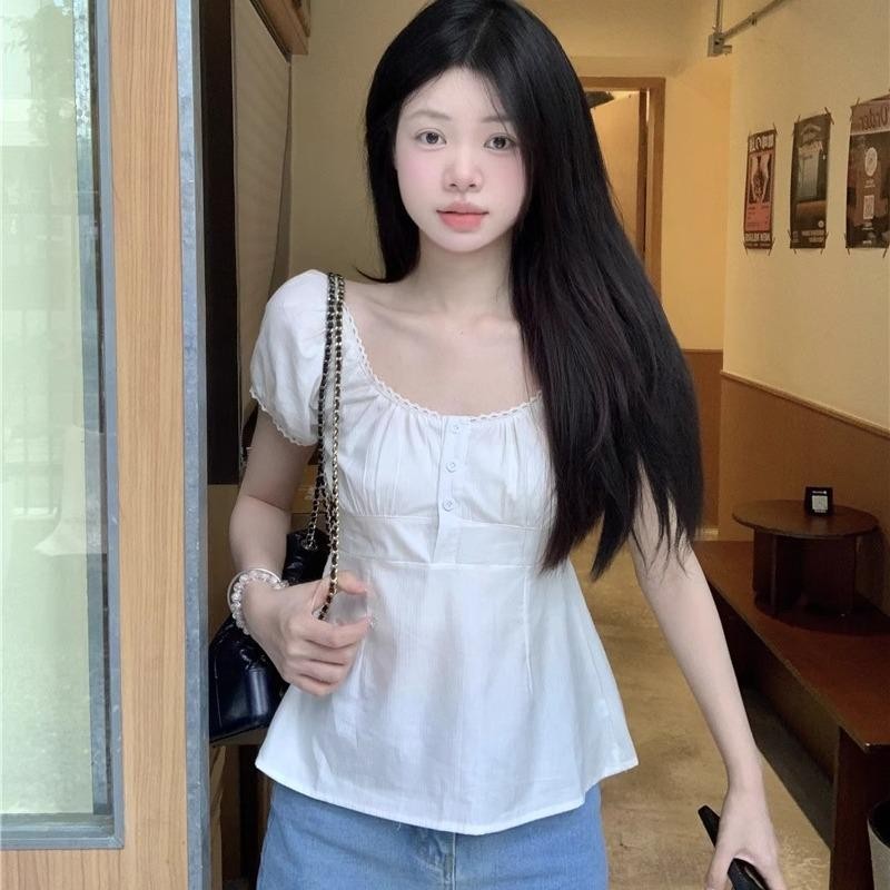 DODO#เสื้อยืดแขนสั้นลําลอง เสื้อเชิ้ต คอสี่เหลี่ยม แขนพัฟ เข้ารูป แฟชั่นฤดูร้อน คอต่ํา จับจีบ สี ...