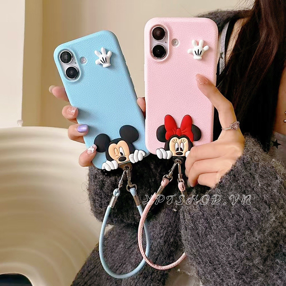 Clap Mickey Minnie + Lanyard หนังสําหรับ iPhone 16 Pro Max 16 Plus 15 ...