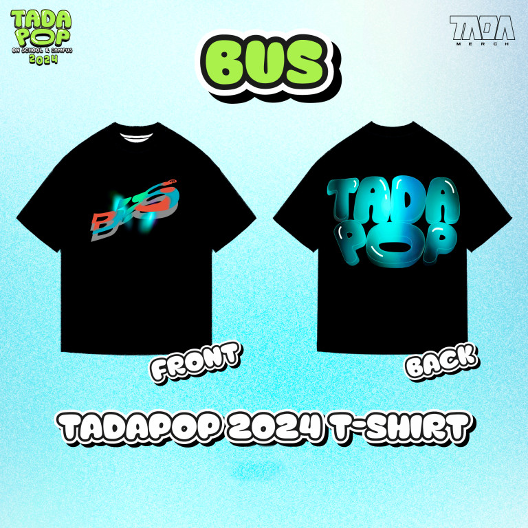 TADAPOP Theme เสื้อยืดออกแบบเฉพาะด้านหน้าด้านหลัง, "BUS" และ "TADA POP ...