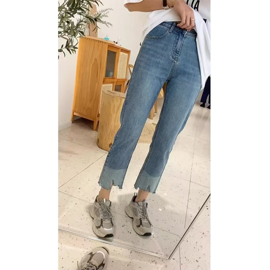 GHAOHESเสื้อผ้าที่สบาย กางเกงยีนส์แฟชั่นเกาหลี กางเกงขายาวแฟชั่นสำหรับผู้หญิงในฤดูร้อน สีฟ้าอ่อน ...