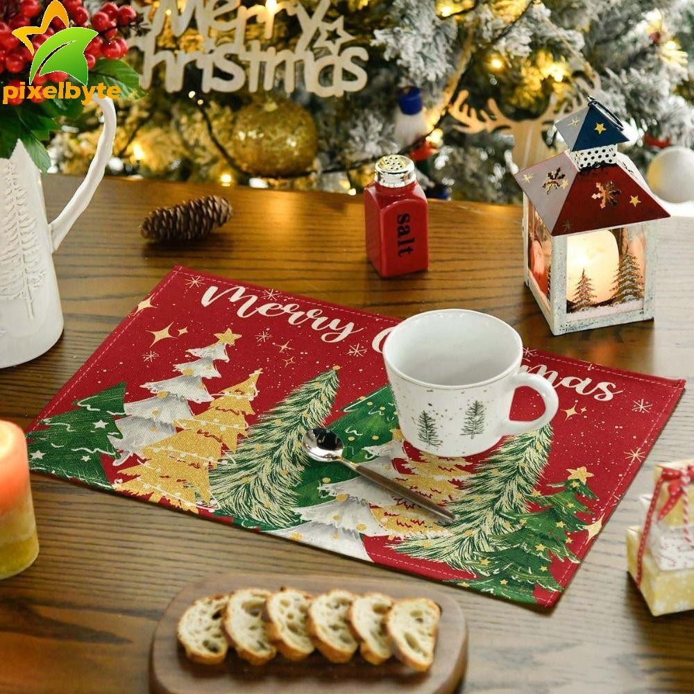 Pixelbyte แผ่นรองจานคริสต์มาส 4 ชิ้น, แผ่นรองโต๊ะสี่เหลี่ยมกันลื่น, ตกแต่งรับประทานอาหารผ้าลินิน ...
