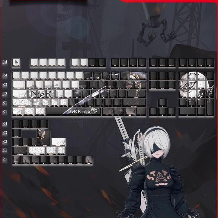 131 คีย์เกมอะนิเมะ NieR Automata 2B Keycaps PBT Backlit Keycap โปรไฟล์ ...
