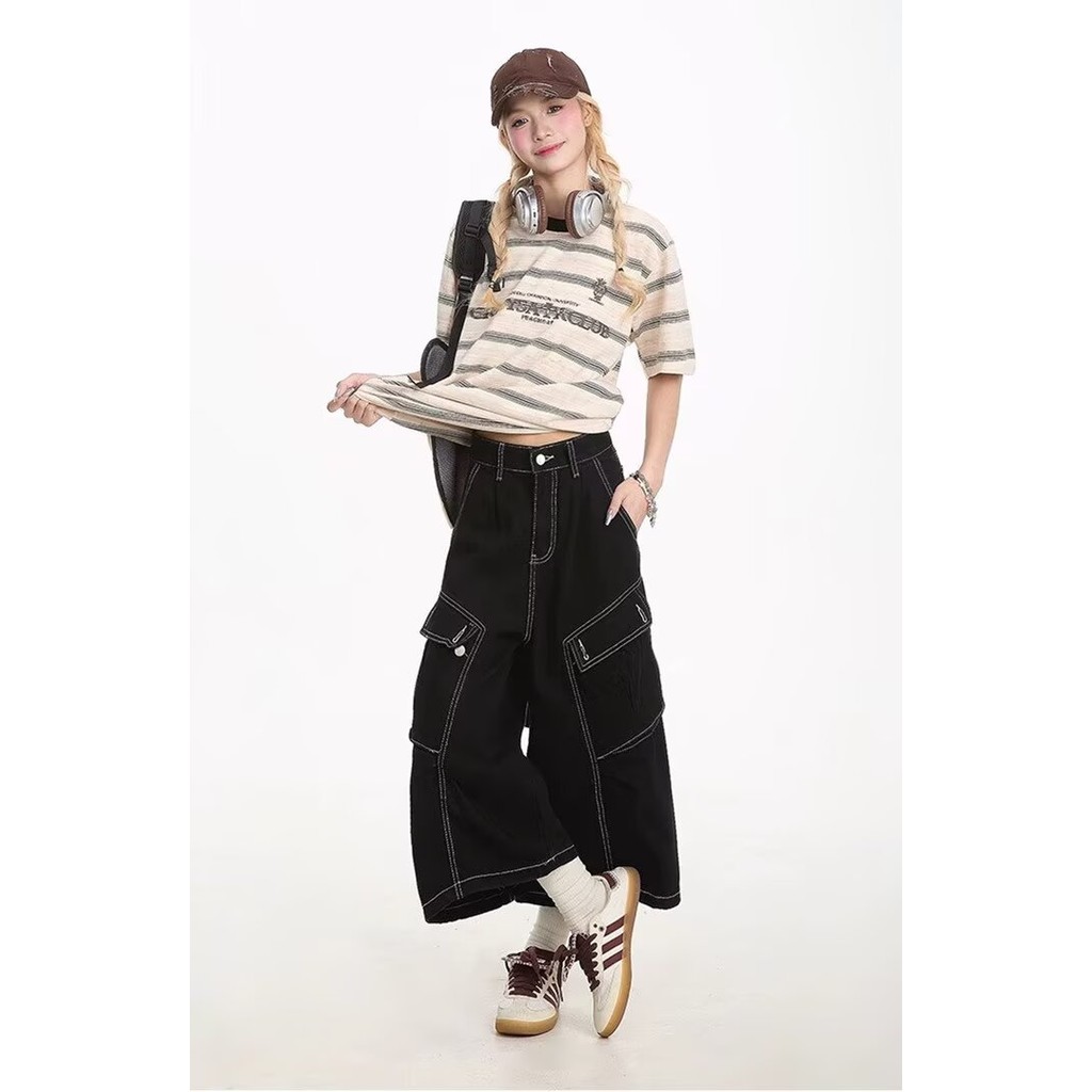 Eershenshhi กางเกงขาสั้นคาร์โก้มีสไตล์เย็บสีตัดกันและกระเป๋าปุ่มสแน็ป ...