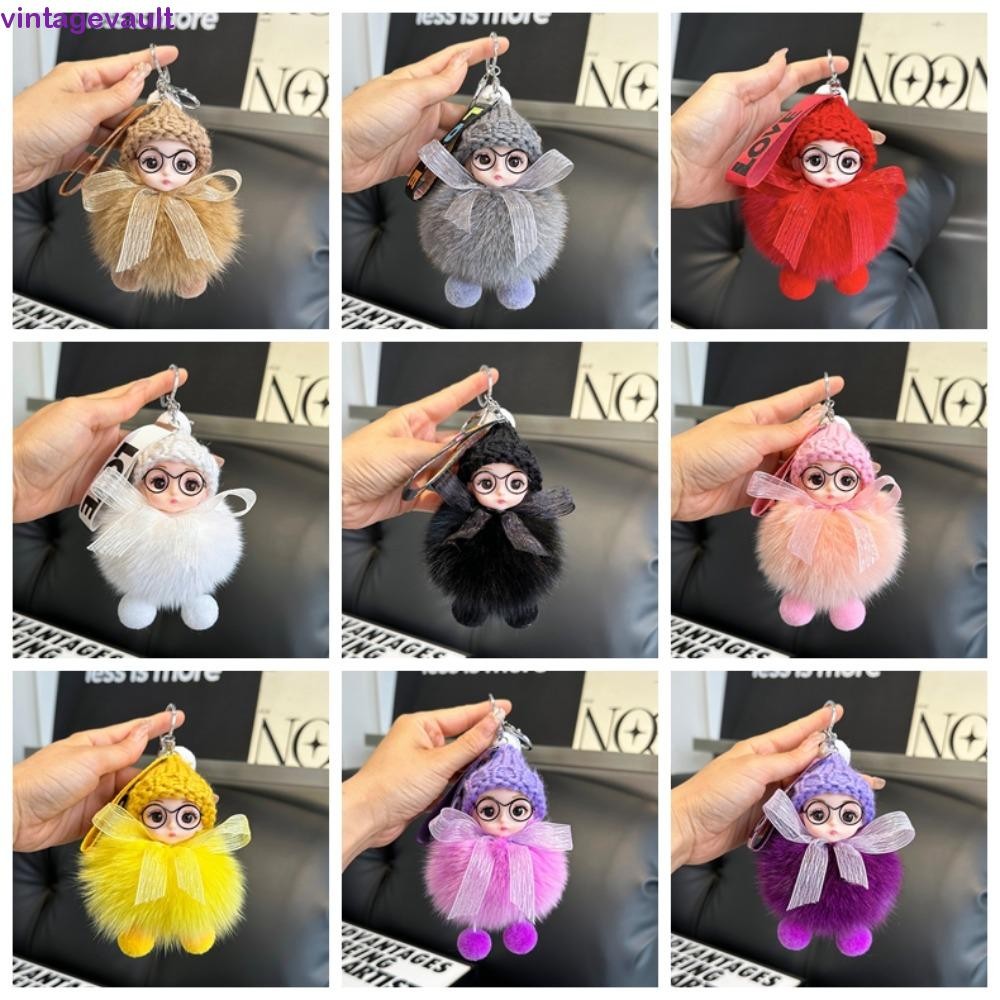 VINTAGEVAULT Fluffy Plush Doll Keyring, Soft Fluffy Pompom Sleeping ...