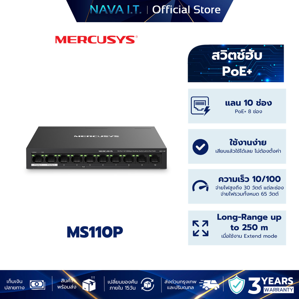 MERCUSYS MS110P 10-PORT 10/100MBPS DESKTOP SWITCH WITH 8-PORT POE+ ...