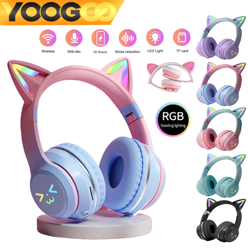 YOOGOO หูฟังแมวมีไฟ หูฟังบลูทูธครอบหู หูฟังบลูทูธไร้สาย พับได้เสียง4Dลด ...