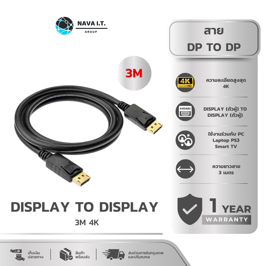 🛵มีส่งด่วน💨 NAVA IT สาย 3 เมตร DISPLAY PORT TO DISPLAY PORT HD 4K CABLE ...