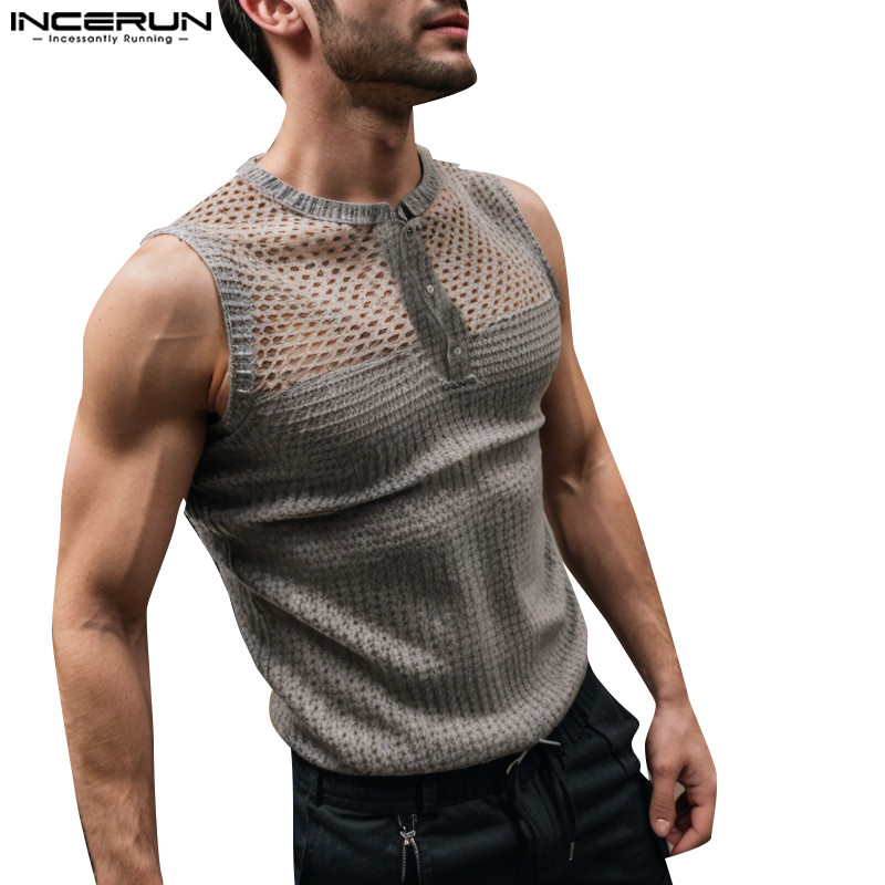 Incerun Men Vintage Casual Mesh Hollow Splicing Sleeve Design Tanks ...