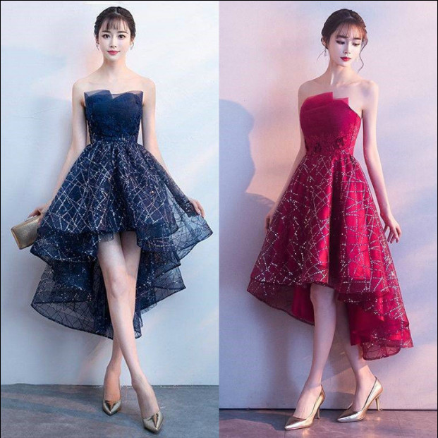 Banquet Evening Dress for Petite Women, Elegant Host Starry Sky Style Short Strapless Dress ...