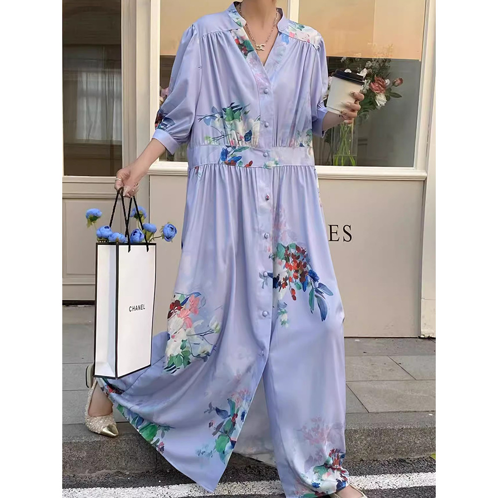 Papv เก๋ไก๋คอวีกระดุมแถวเดียวพิมพ์ลายดอกไม้หลวมแขนยาวชุด 6617 | Shopee ...