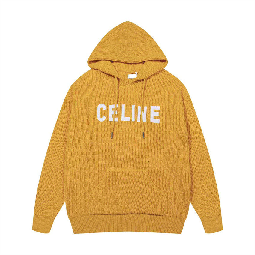 Celine Hooded Chest Letter Patch เสื้อกันหนาวถักเสื้อกันหนาวหลวม ...