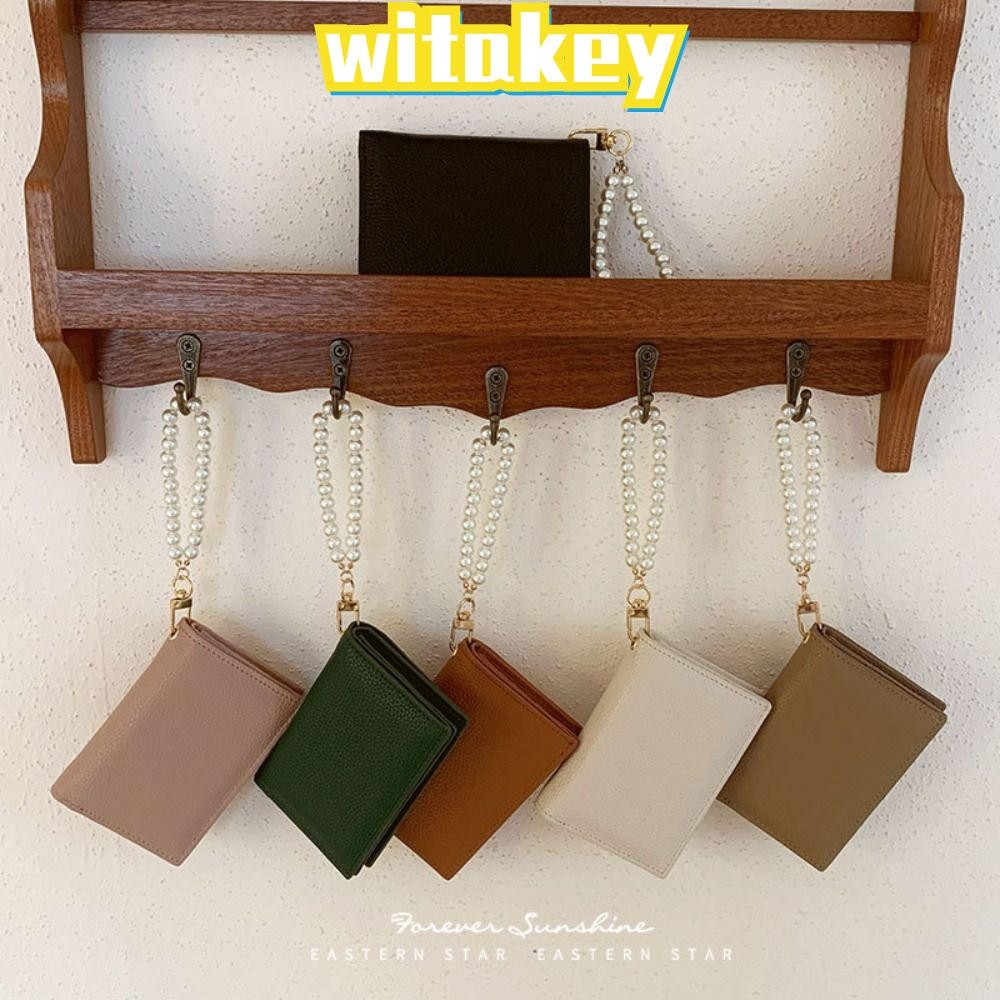การ์ด WITAKEY , กระเป๋าสตางค์ผู้หญิงสายโซ่ข้อมือหนัง PU, ที่ใส่บัตรเรียบง่ายลายลิ้นจี่สีทึบแบบ ...