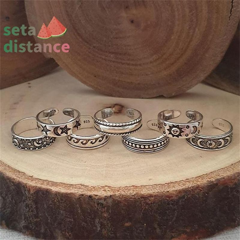 [Setad] 7 ชิ้น Vintage Hollow แกะสลัก Star Moon Toe แหวนชุดแหวนเปิดปรับ ...