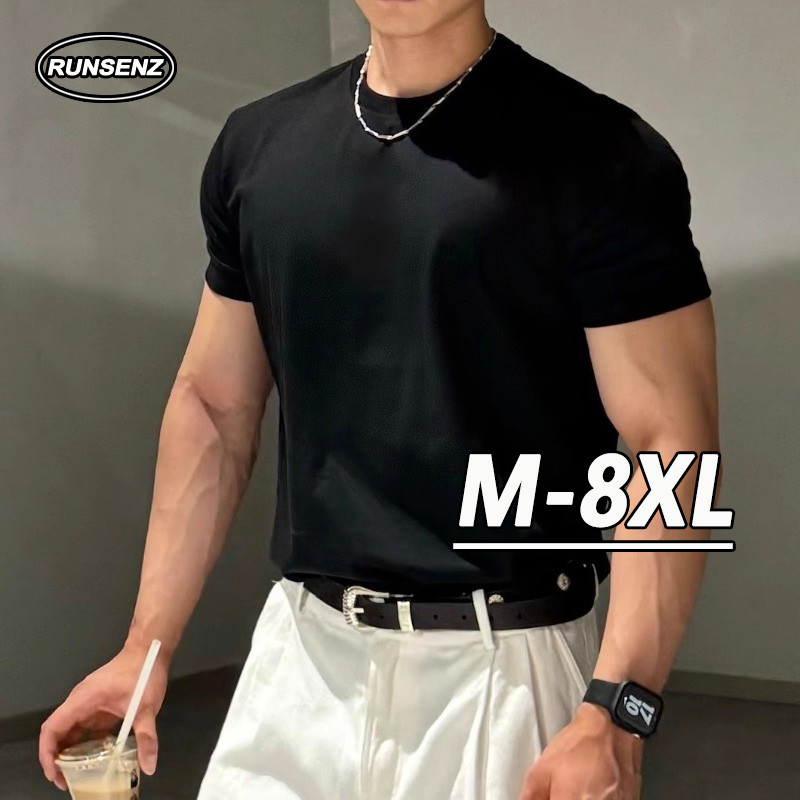 M-8XL แฟชั่นเกาหลี Body Building T เสื้อผู้ชาย Basic Casual Slim แขนสั้น Plus ขนาดด้านบน ...