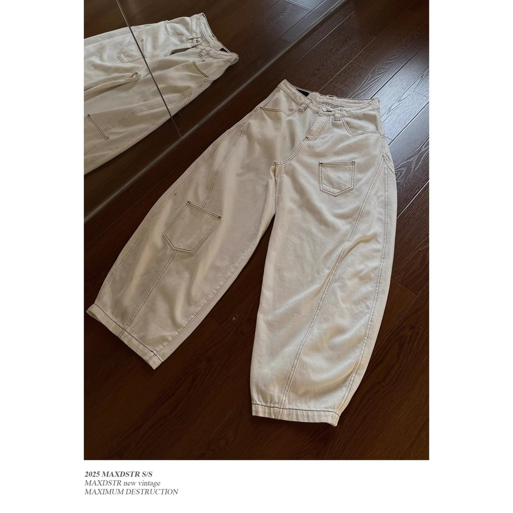 Trail Echo Mens Jeans American Retro High Street White Loose Design Sense Machete Pants | Shopee ...