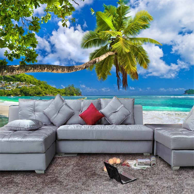 3d Ocean Beach Scenery มะพร้าวต้นไม้ภาพจิตรกรรมฝาผนังวอลล์เปเปอร์ 3D ...