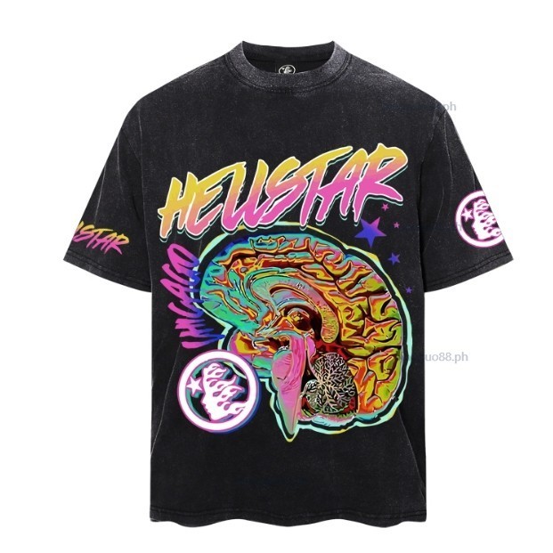 การพักผ่อนและแฟชั่น high street Hellstar ล้างสีดําพิมพ์เสื้อยืดแขนสั้นผู้ชายและผู้หญิง | Shopee ...