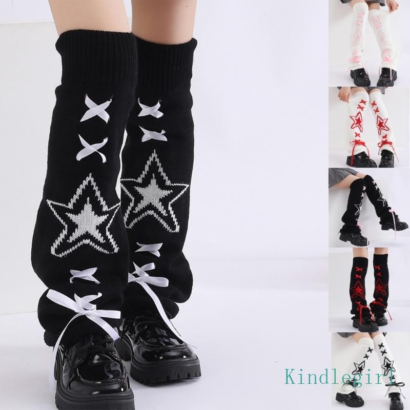 Bangb Star ถักขาอุ่นริบบิ้น Lace Up Flared Boot ครอบคลุม Punk Girls ...