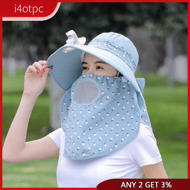 I4otpc ผ้าฝ้ายกลางแจ้งครีมกันแดดหมวกพร้อมพัดลมสําหรับใบหน้าคอป้องกันขี่จักรยานกลางแจ้ง Sunhat ...