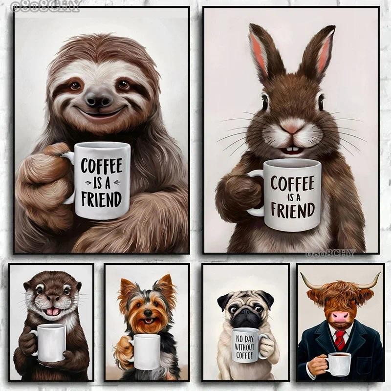 ตลก Wall Art ภาพสัตว์กาแฟภาพโปสเตอร์ผ้าใบพิมพ์ Art Sloth Pug สุนัขและ ...