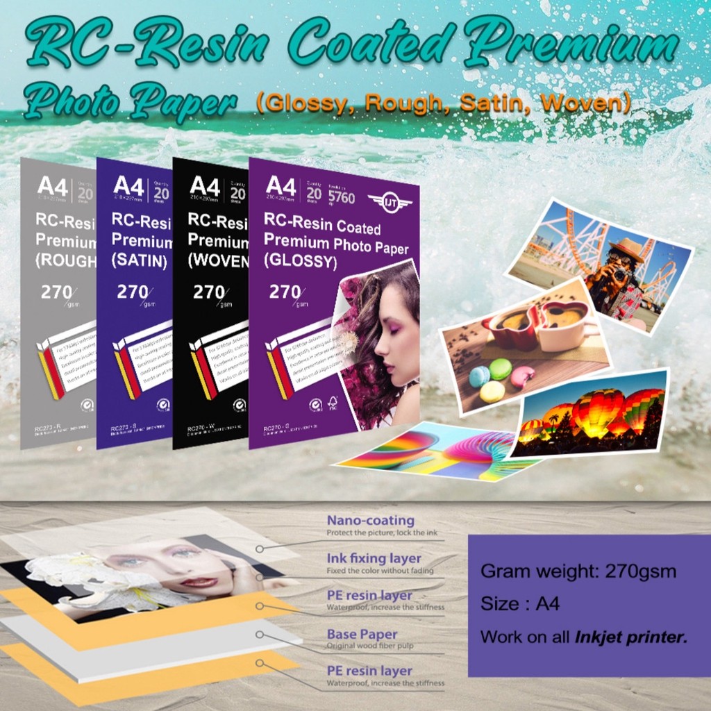Ijt RC เคลือบเรซิ่นคุณภาพสูง Inkjet Photo Paper A4 Glossy /Rough /Satin /ทอ 270gsm 270g กระดาษ ...