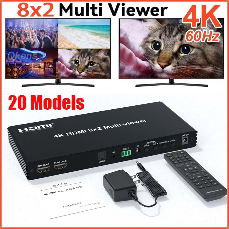 4k 8x2 HDMI Multi-viewer 8 in 2 Out HDMI Multiviewer Quad Screen 4x1 ...