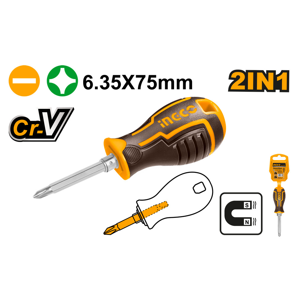 INGCO ไขควงสลับ หัวโต (ปากแบน - ปากแฉก) ปลายแม่เหล็ก รุ่น AKISD0202 ( 2 ...