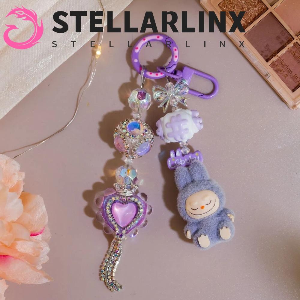 Stellarlinx Flocking Labubu พวงกุญแจ, ลูกปัดซิลิกาเจลนั่งลง Labubu จี้, Creative Heart Bow Pile ...