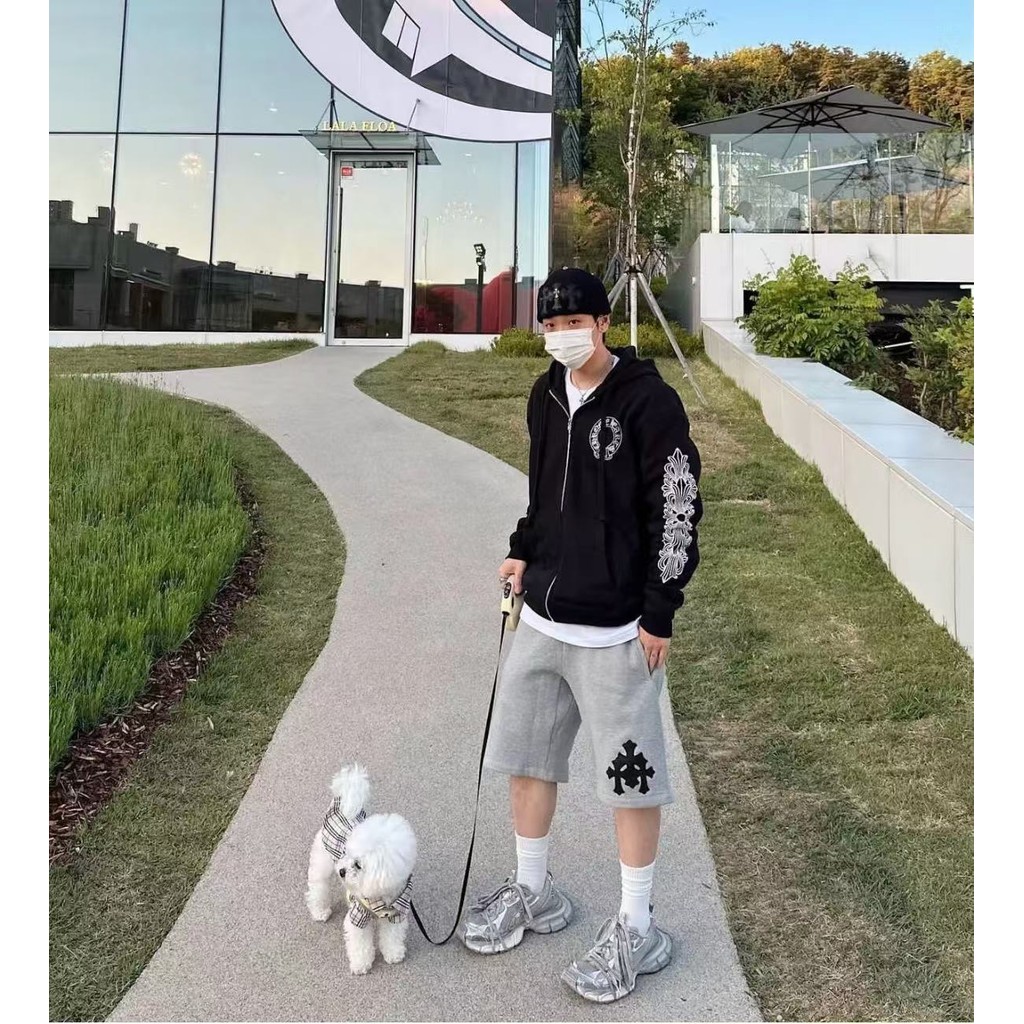 Chrome Hearts Cross Zipper พิมพ์ผ้าฝ้ายแท้มีฮู้ดเสื้อแจ็คเก็ตหลวม ...