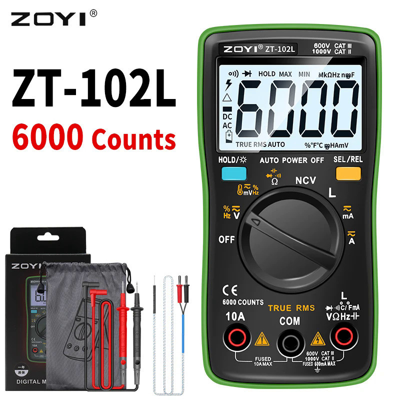 ZOYI New ZT102L Digital Multimeter 6000 Counts Auto Range Backlight AC ...