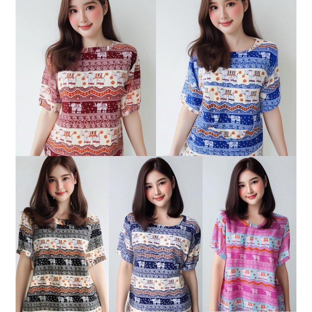 MK72 อก 36-44 นิ้ว เสื้อคอกลม แขนสั้นสามส่วน ลายช้าง ผ้าไหมอิตาลี ใส่ ...