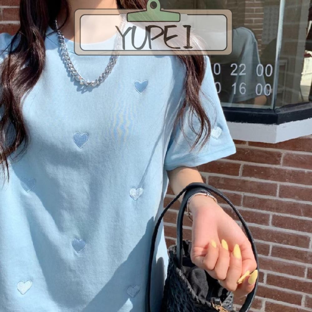 Yupei Love เสื้อยืดปักแขนสั้นปักลูกเรือคอปักเสื้อยืด,หัวใจรอบคอหลวมเกาหลีผู้หญิงด้านบน | Shopee ...