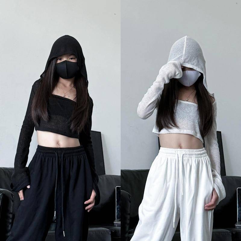 [KeDaYa] พร้อมส่ง เสื้อครอปมีฮู้ดสไตล์เกาหลี เสื้อยืดแขนยาววินเทจ ...