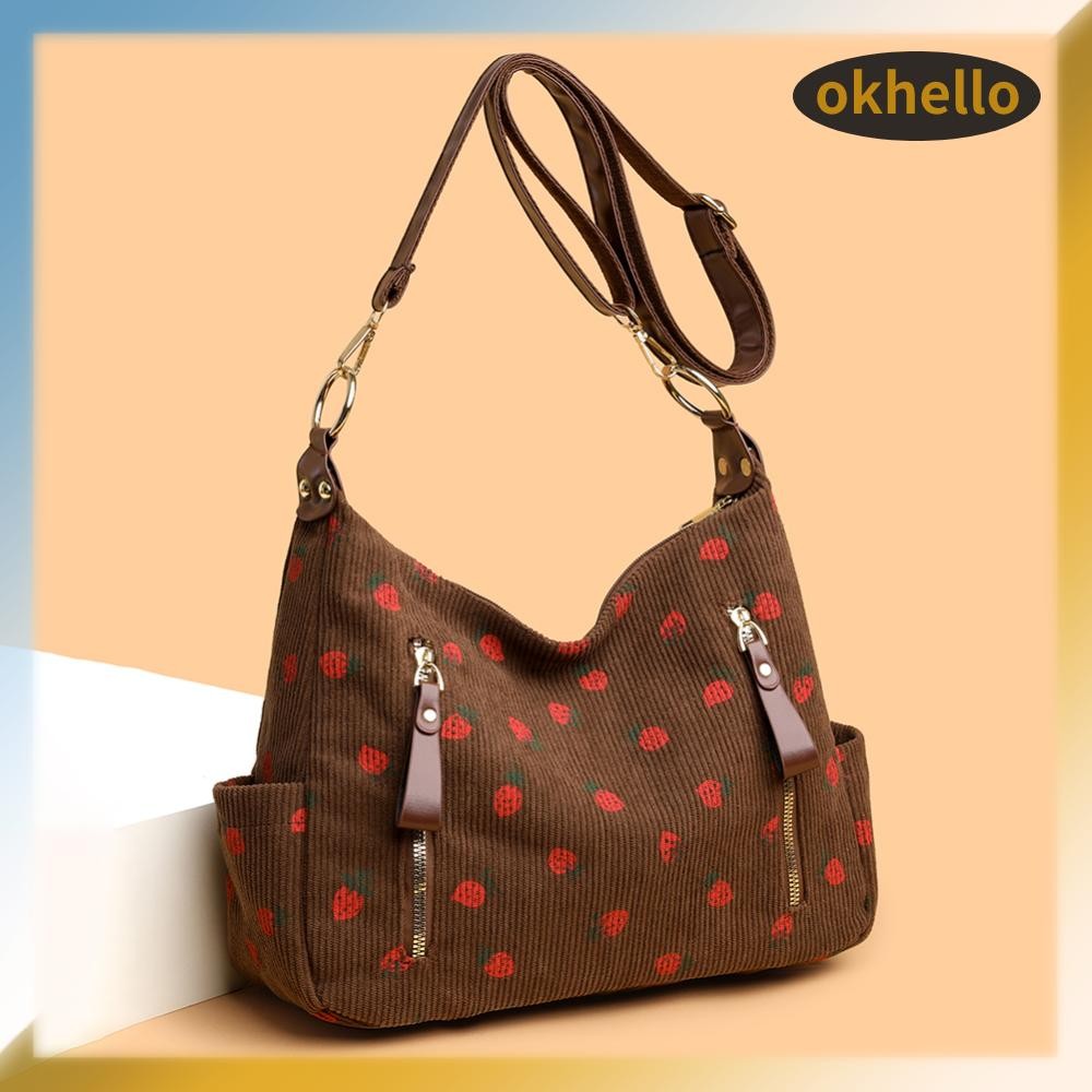 [Okhello.th] Women Corduroy Shoulder Bag Multi-Pocket Strawberry Bag ...