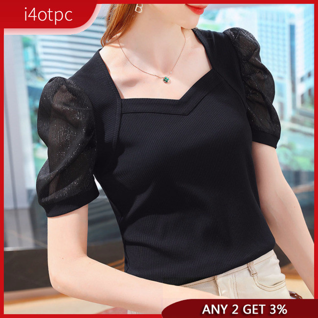 I4otpc ผู้หญิงคอวีหลวมแฟชั่นลําลองพัฟเสื้อแขนสั้นเสื้อสวมหัว | Shopee Thailand