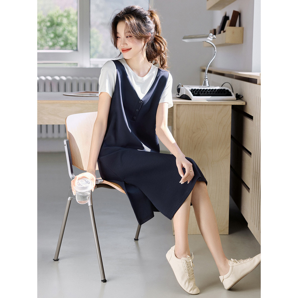 Yunfa Commuter Simple Contrast สีเย็บปลอมสองชิ้นชุด 2025 ฤดูร้อนสไตล์ ...