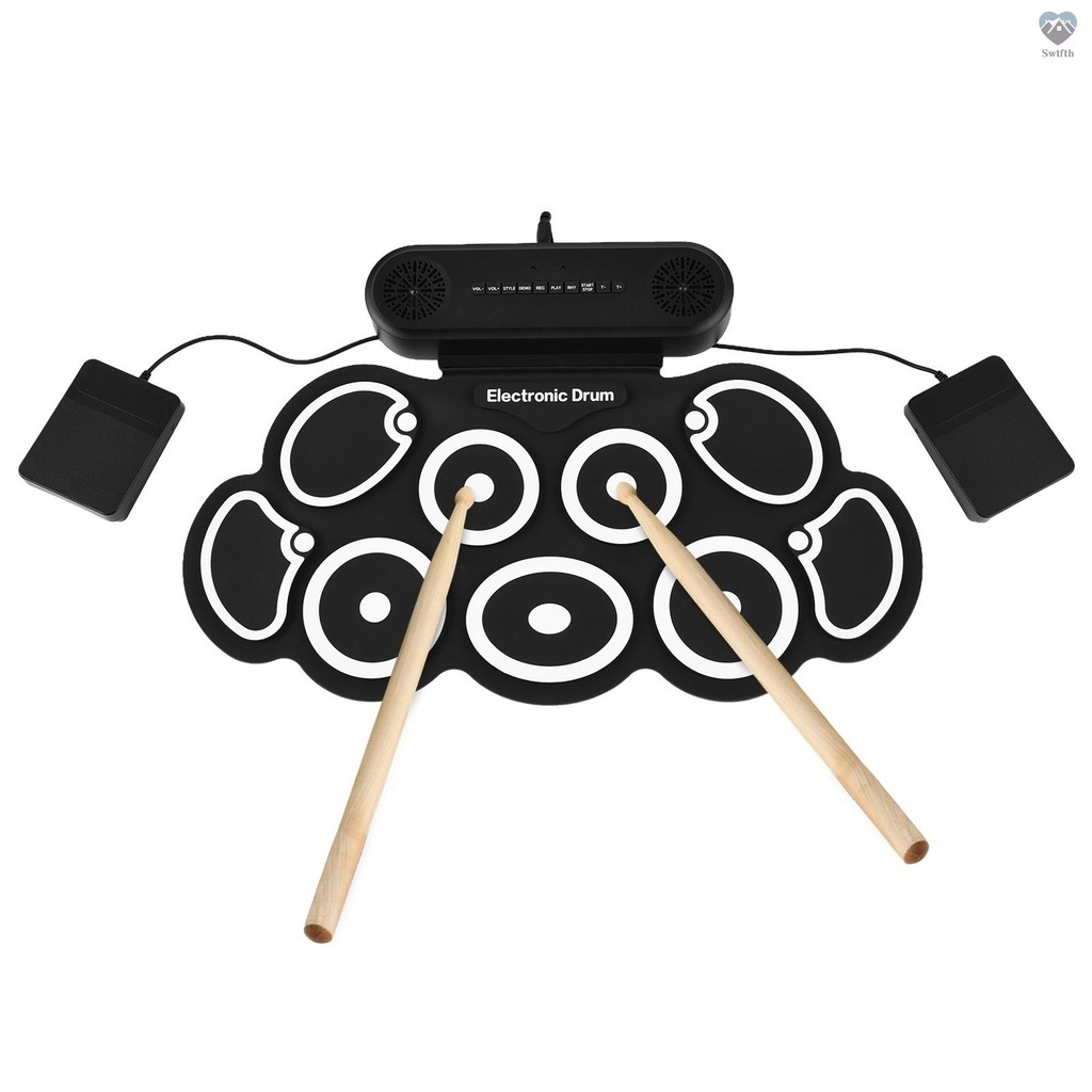 กลองอิเล็กทรอนิกส์ชุดลําโพงคู่ Roll-Up Drum Pad 9 แผ่นรองรับ BT MIDI ...