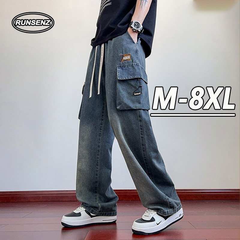 M-8XL Fat Man Cargo Denim Pants Men High-end Casual Baggy Wide Leg Plus Size Jeans | Shopee Thailand