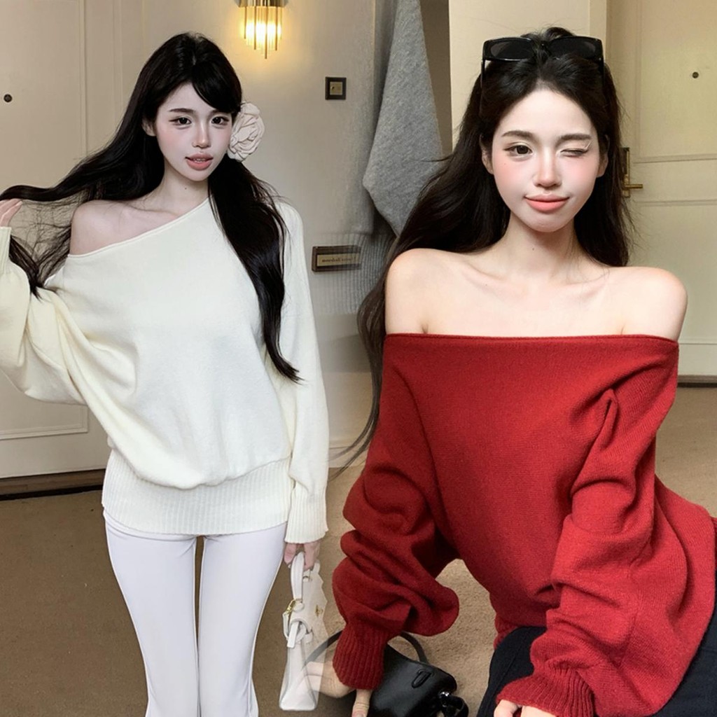 mimi&didi#เสื้อปาดไหล่ไหมพรมแขนยาว สเวตเตอร์คริสต์มาส สีแดง แฟชั่น สไตล์เกาหลีสไตล์เรียบง่ายและ ...