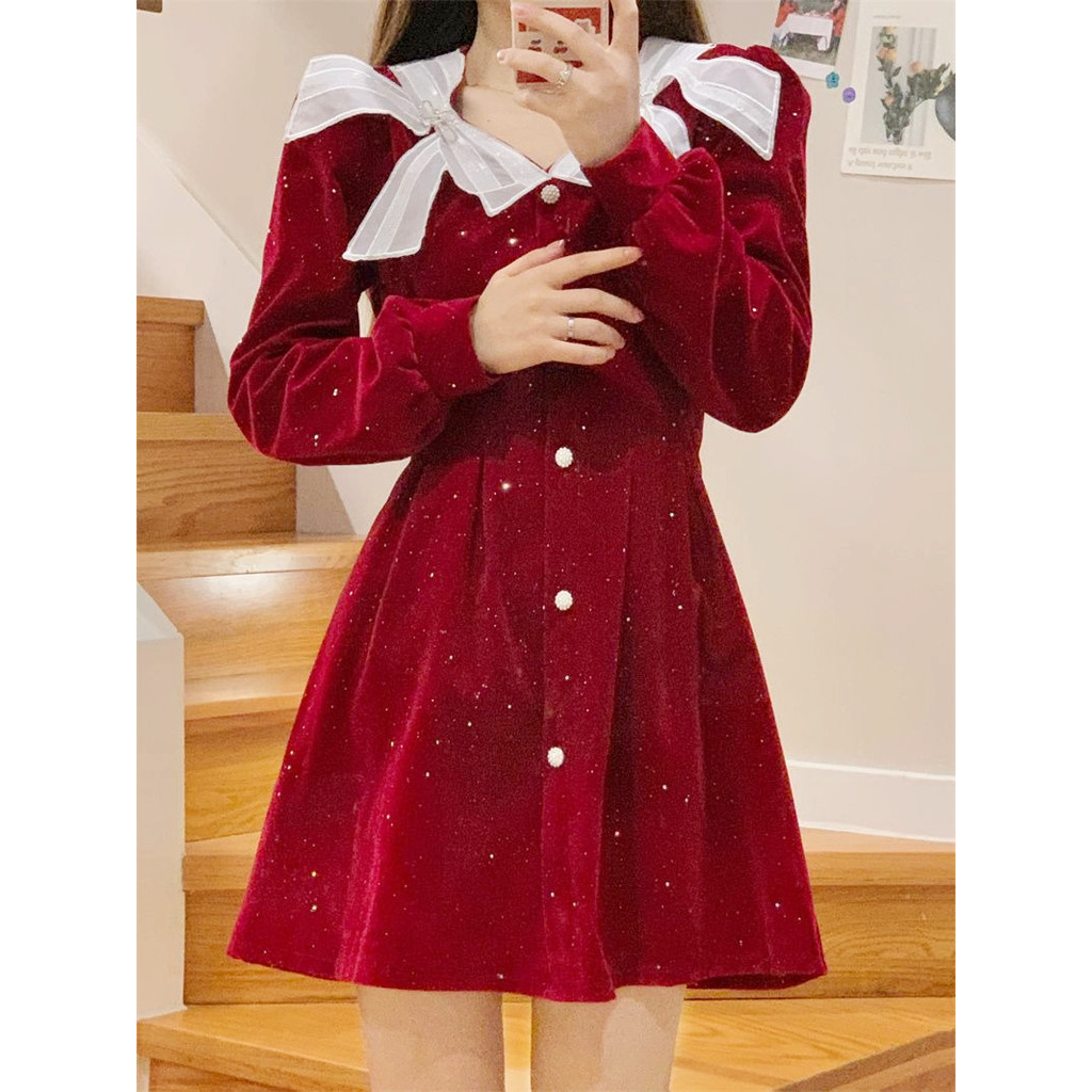 🎀คริสต์มาสปีใหม่บรรยากาศความรู้สึกชุดกำมะหยี่สีแดง ชุด Hepburn Wind ...